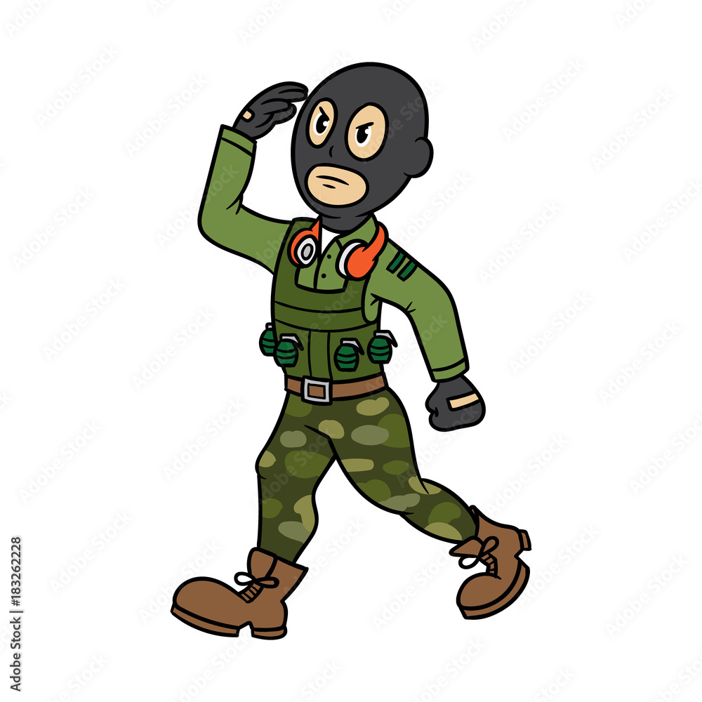 Cartoon Army Character With Headphones Stock Vector | Adobe Stock