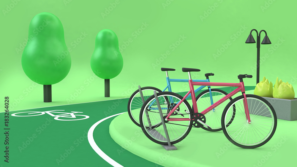 3d rendering bike-bike lane green nature parks tree cartoon style ...