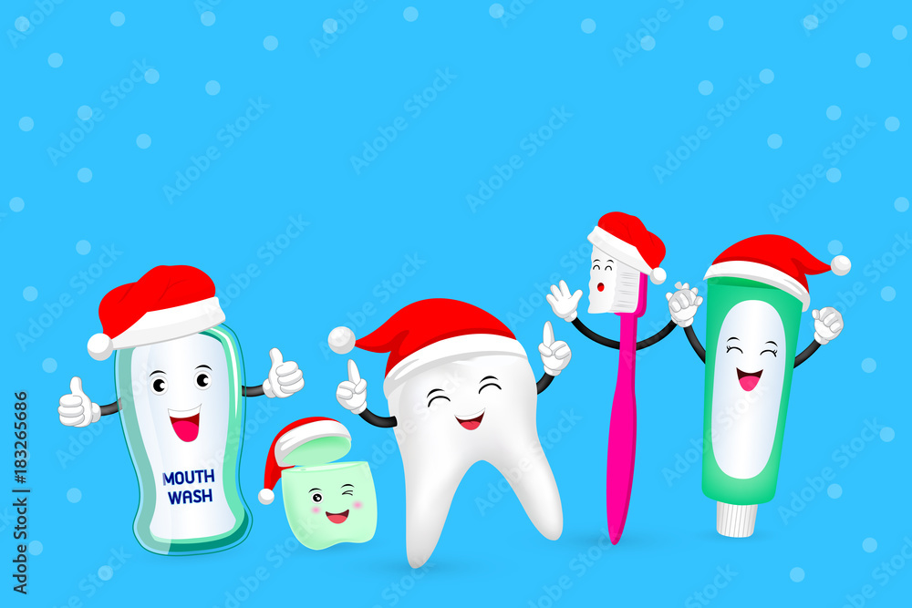 Cute cartoon tooth character with friends. Mouth wash, dental floss ...