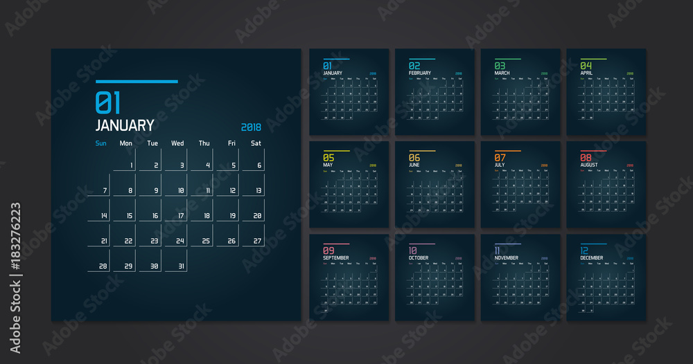 Dark Modern Calendar Planner Template for 2018. Vector minimal design ...