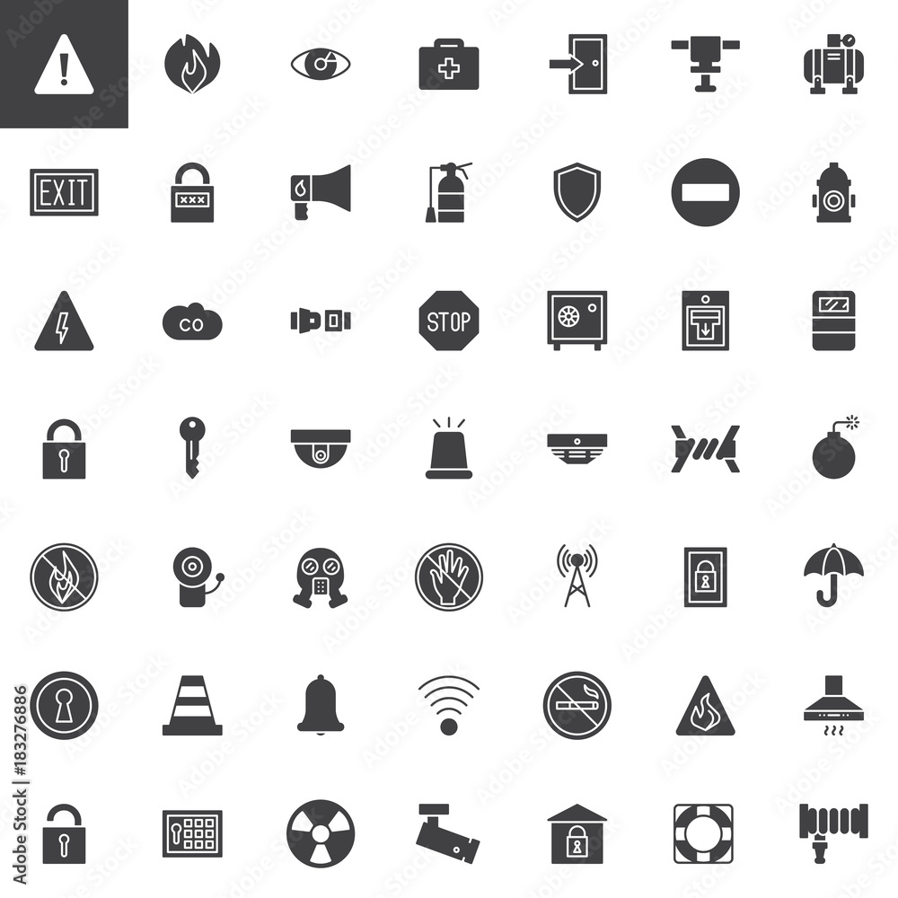 Safety protective elements vector icons set, modern solid symbol ...