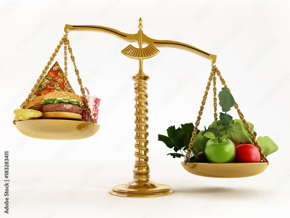 Healthy food and junk food in scales of a balanced scale. 3D ...