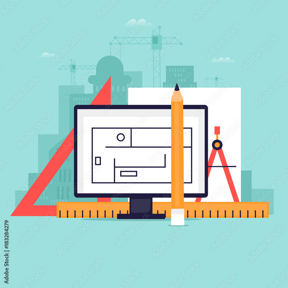 Architect, tools. Project design. Workplace. Flat design vector ...