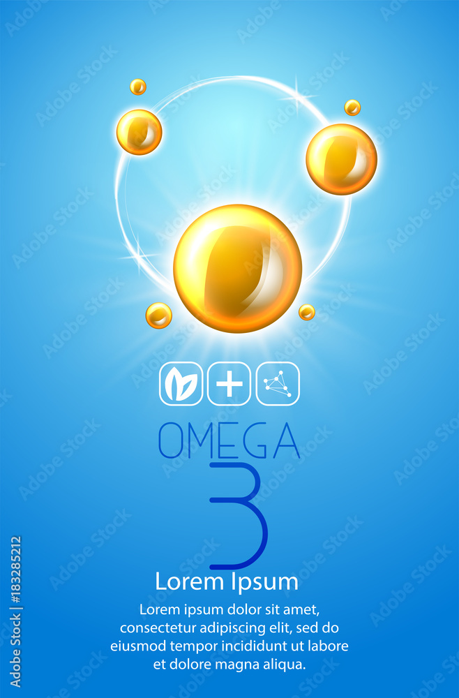 Fish oil ads template, omega-3 . oil drops 3D illustration. Realistic ...