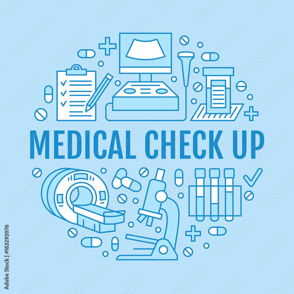Medical check up poster template. Vector flat line icons, illustration ...
