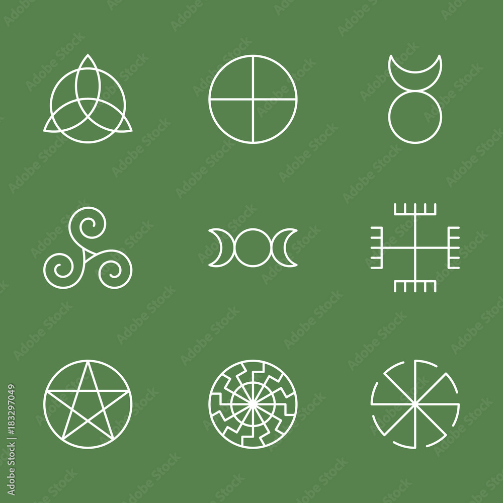 Pagan ancient symbols, mystery sacred icons, illustration vector Stock ...