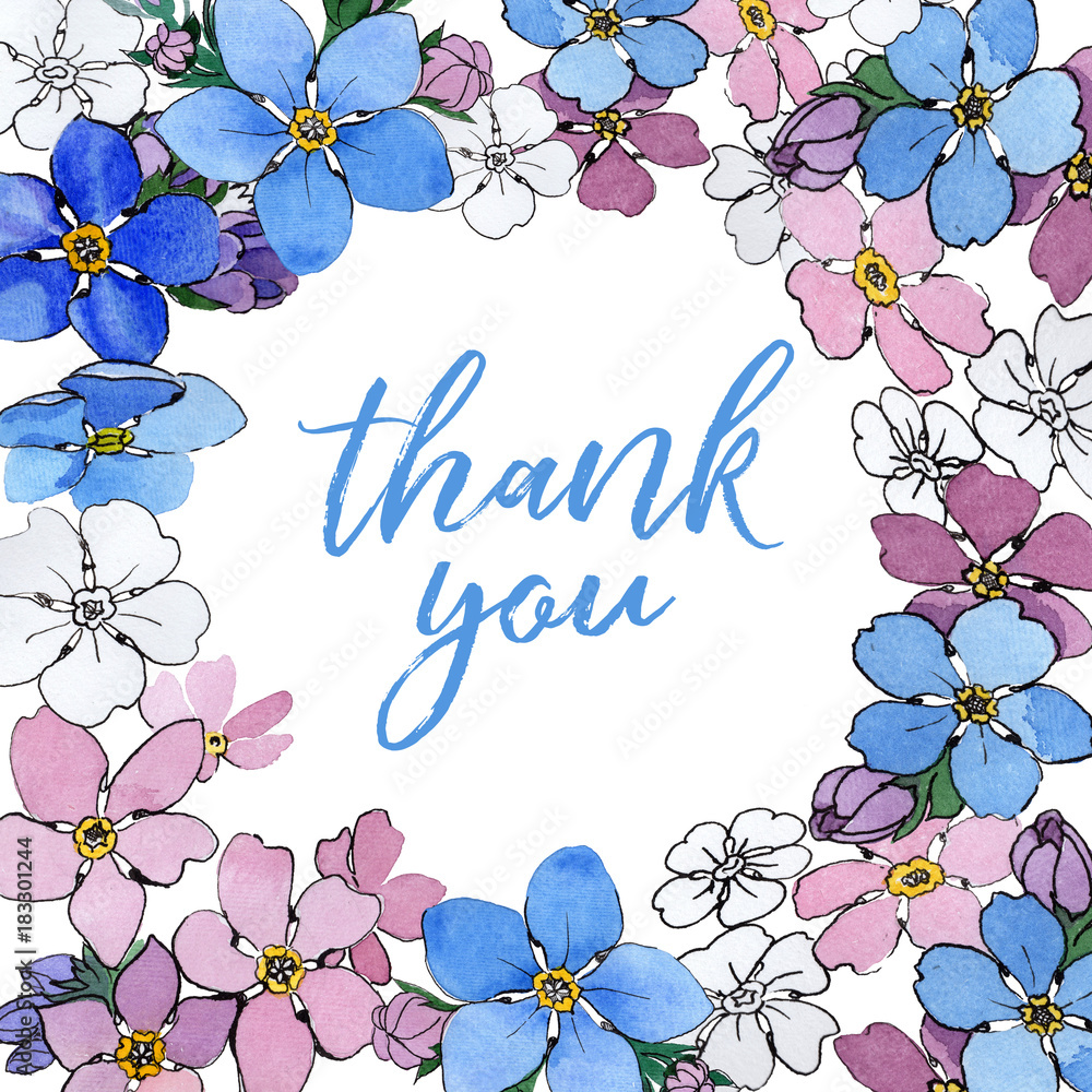 Wildflower forget-me-not flower frame in a watercolor style. Full name ...