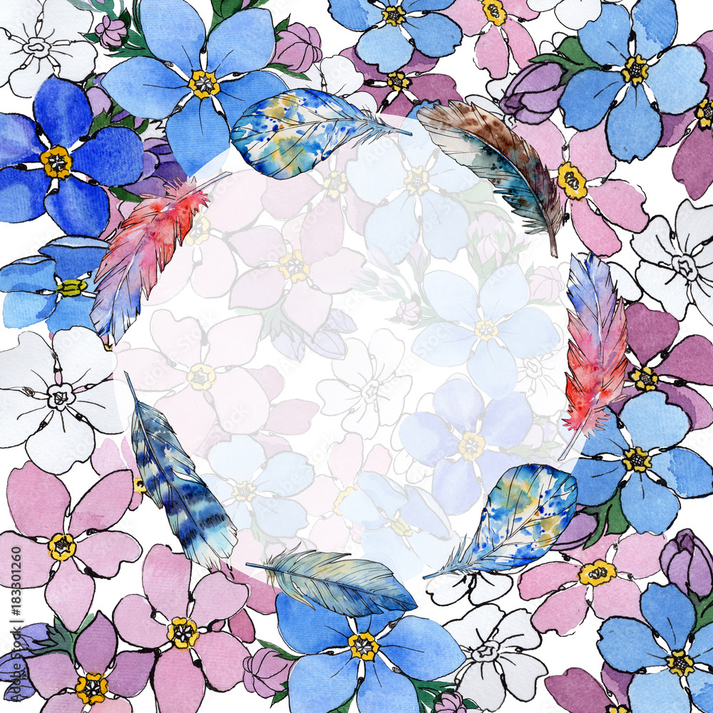 Wildflower forget-me-not flower frame in a watercolor style. Full name ...