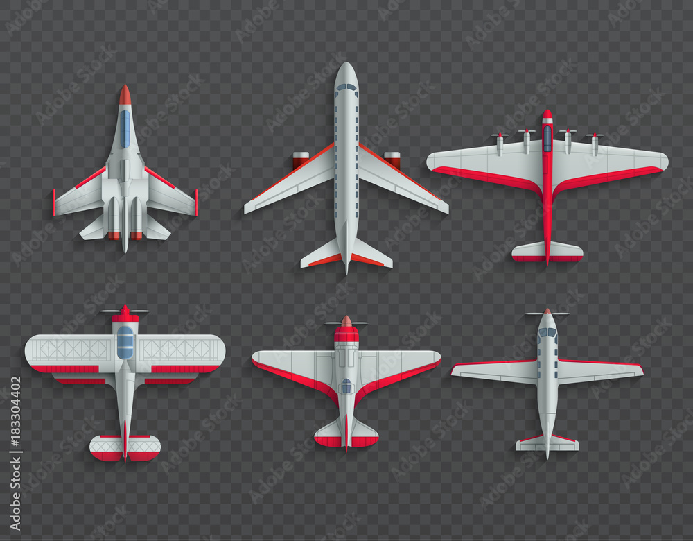 Airplanes and military aircraft top view. 3d airliner and fighter ...