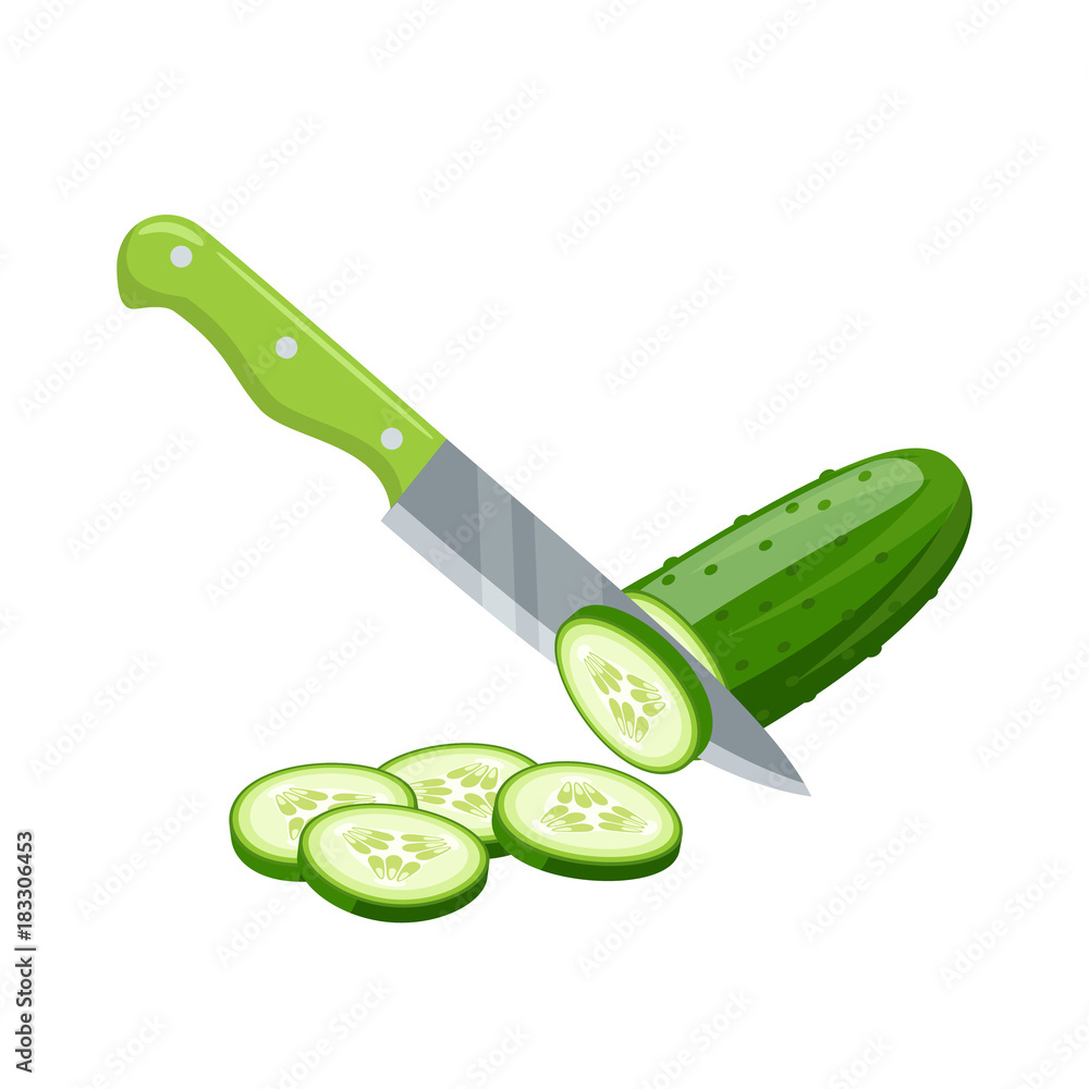 Cooking vegetables. Slicing cucumber by knife. Vector illustration ...