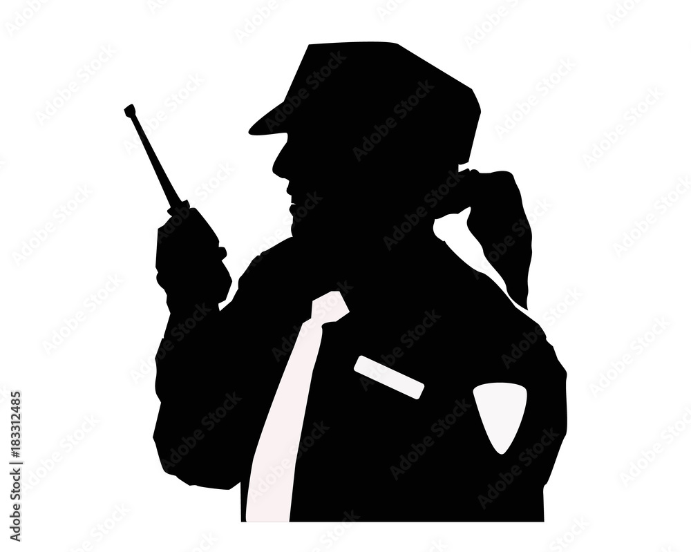 Silhouette of a woman security guard with uniform and walkie talkie ...