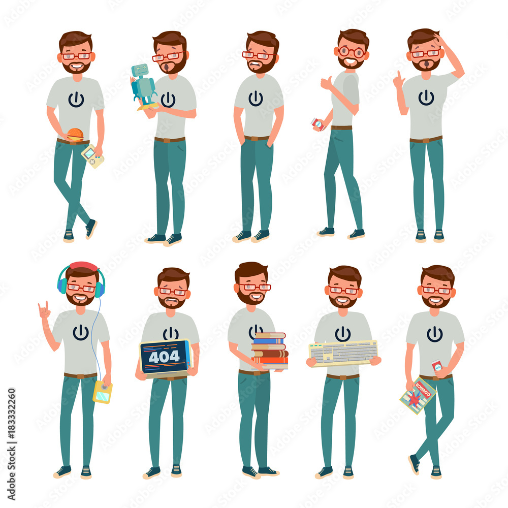 Geek Vector. Man. Isolated Flat Cartoon Character Illustration Stock ...