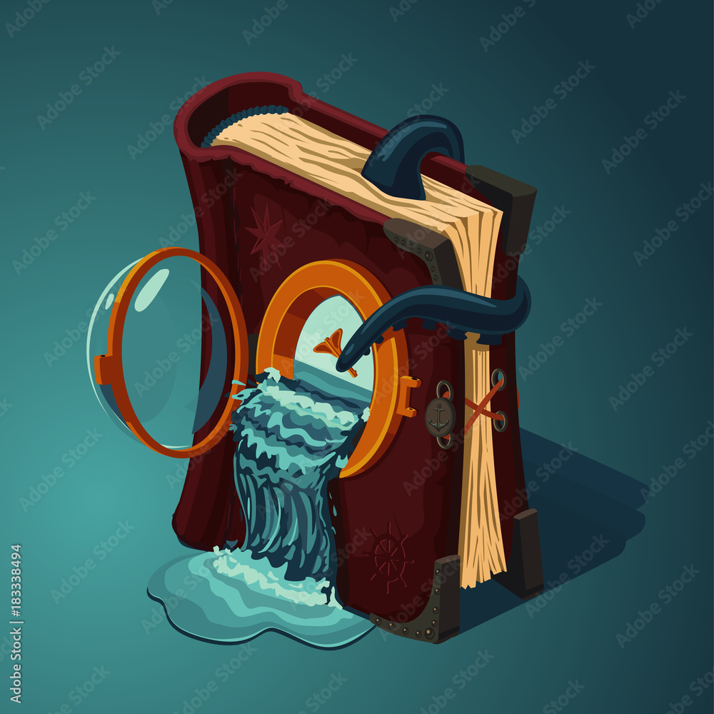 Magic travel book. Cartoon style. Game design concept. Diary of ocean ...