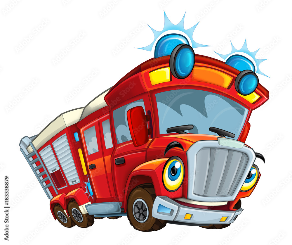 Cartoon happy and funny cartoon fire fireman bus looking and smiling ...