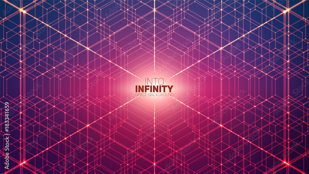 Vector infinite hexagonal space background. Matrix of glowing stars ...