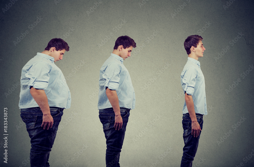 Side profile of a young chubby man transformation into a slim happy ...
