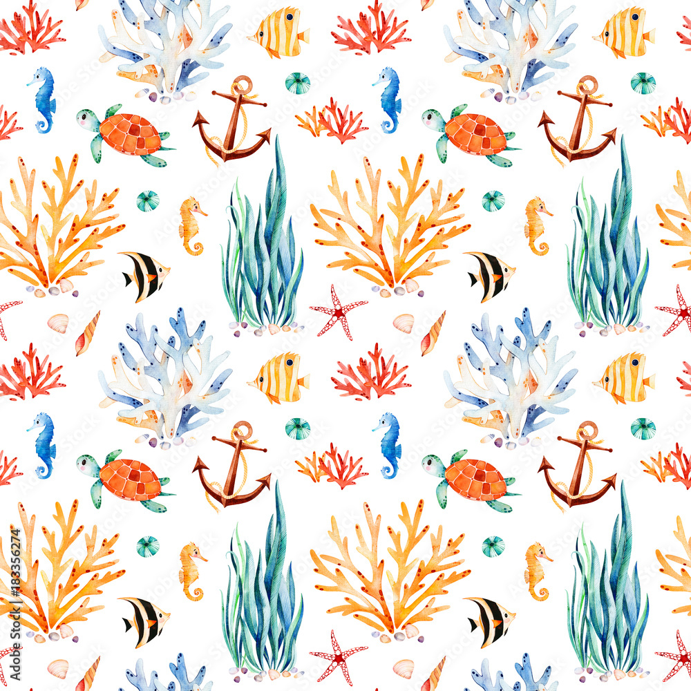 Underwater multicolored seamless pattern.Seaworld watercolor background ...