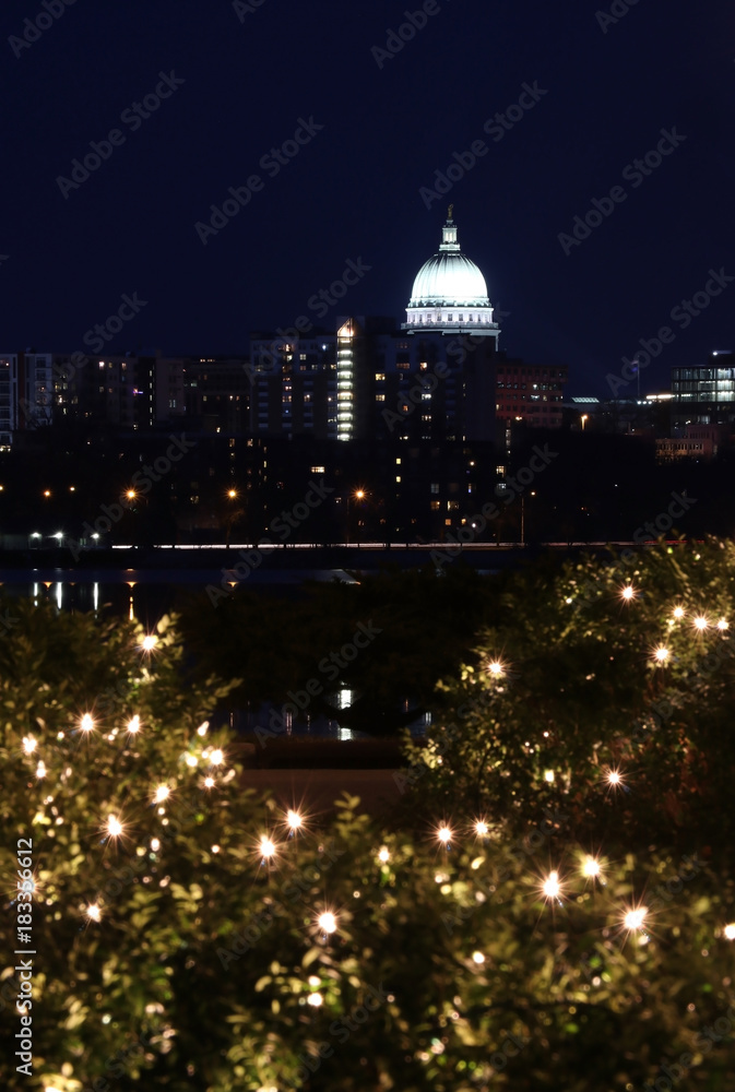 Madison cityscape night scene. Wisconsin State Capitol dome over ...