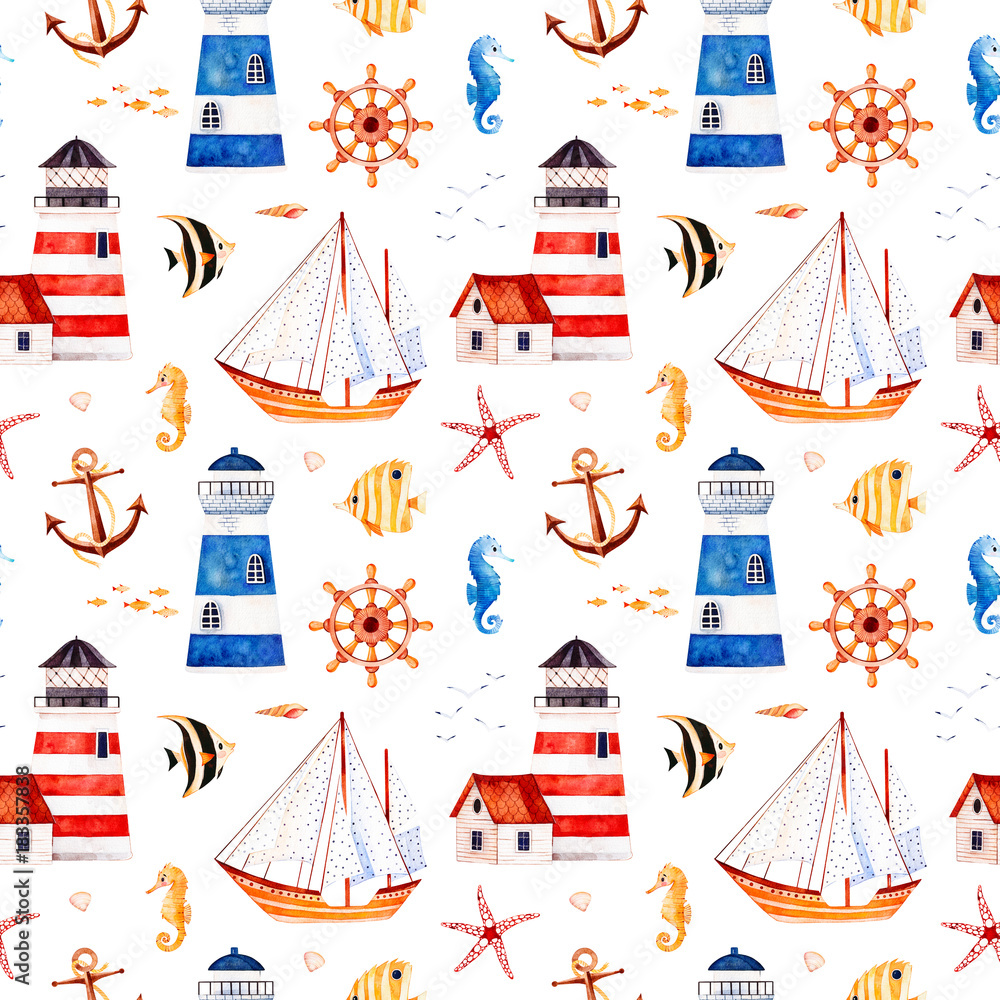 Nautical watercolor seamless pattern.Multicolored background with ...