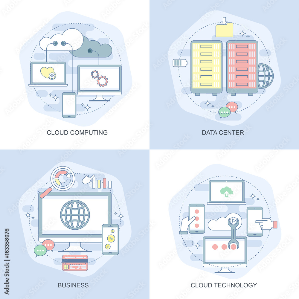 Blue flat conceptual icons set of cloud data technology services ...