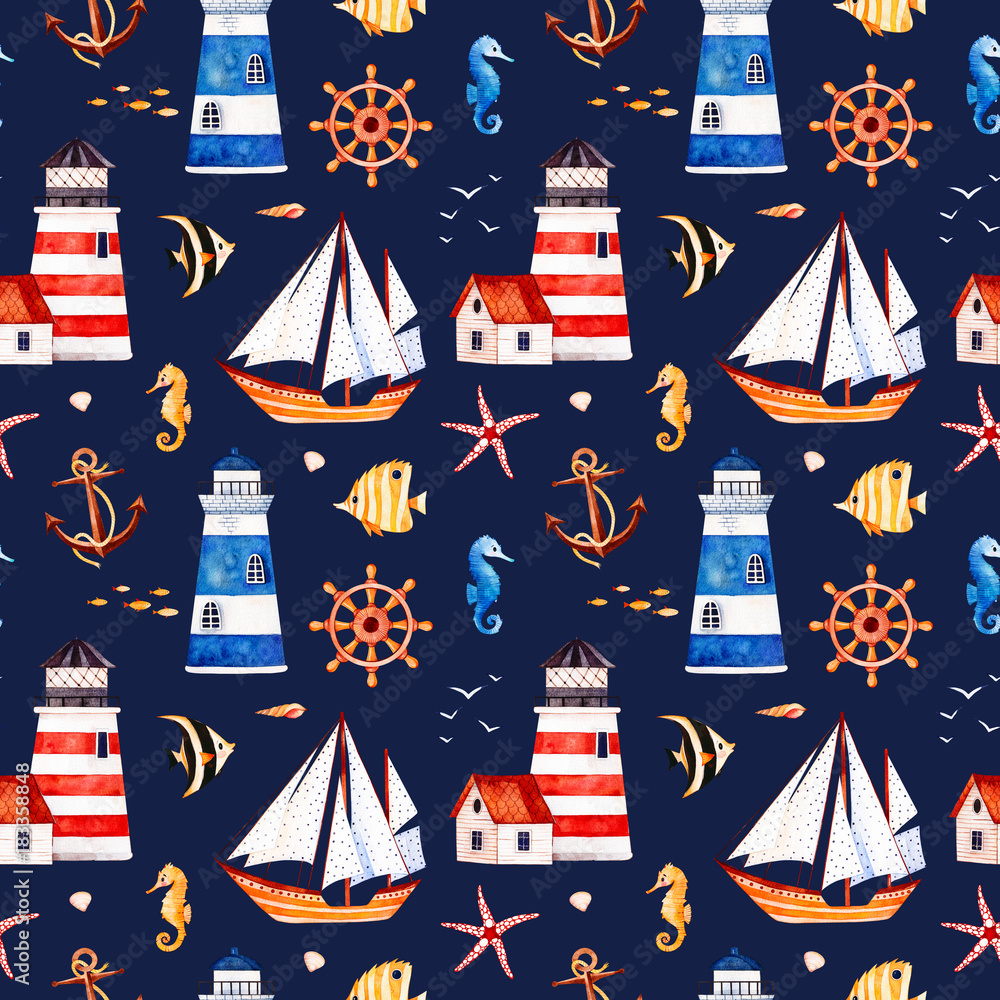 Nautical watercolor seamless pattern.Multicolored background with ...