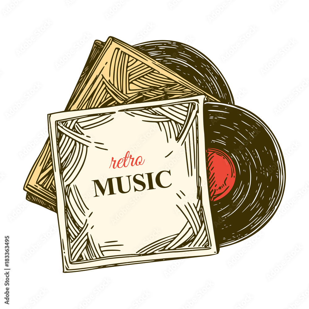 Stack old vinyl records. Engraving style. Vector illustration. Stock ...