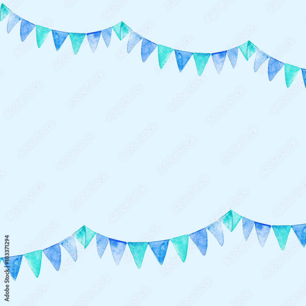 Watercolor blue party flags frame. For design, print or background ...