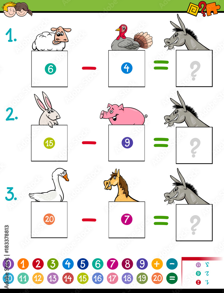 Stockvector maths subtraction game with farm animals | Adobe Stock