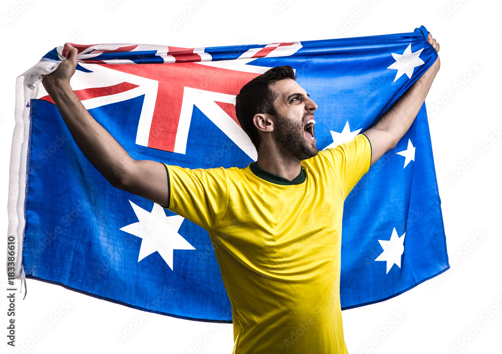 Australian fan celebrating on white background Stock Photo | Adobe Stock