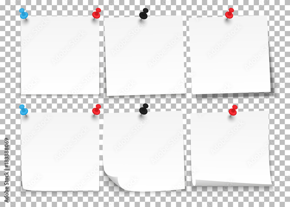 Set of sheets of notes paper with push pins on a transparent background ...