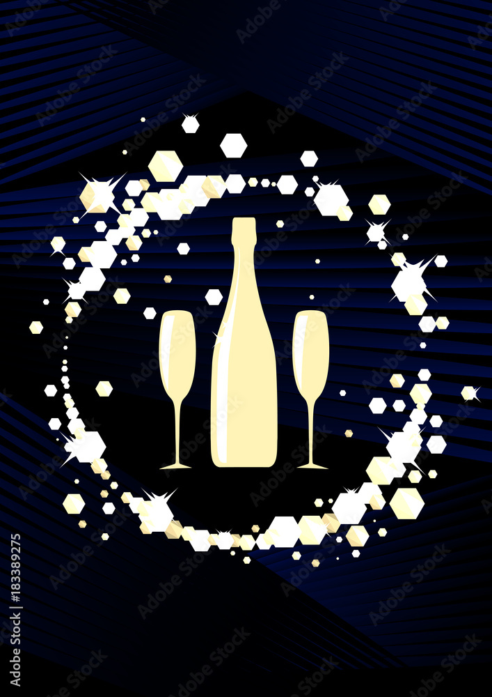 Vertical dark blue party background with golden bottle and two glasses ...