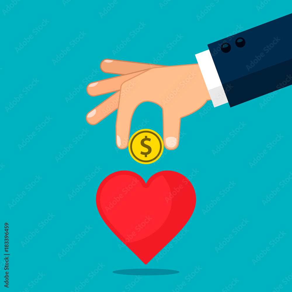 Hand put money into heart vector illustration. Invest in your health or ...