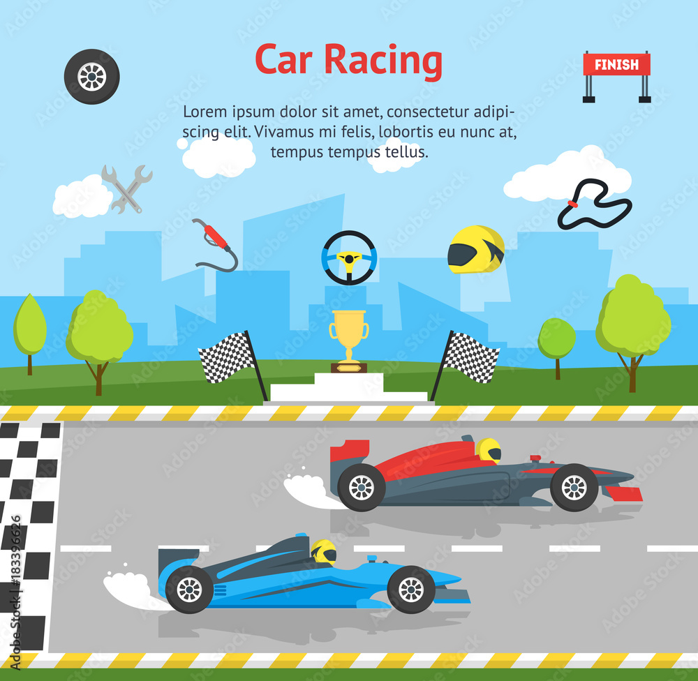 Cartoon Car Racing Sport Professional Competition Card Poster. Vector ...