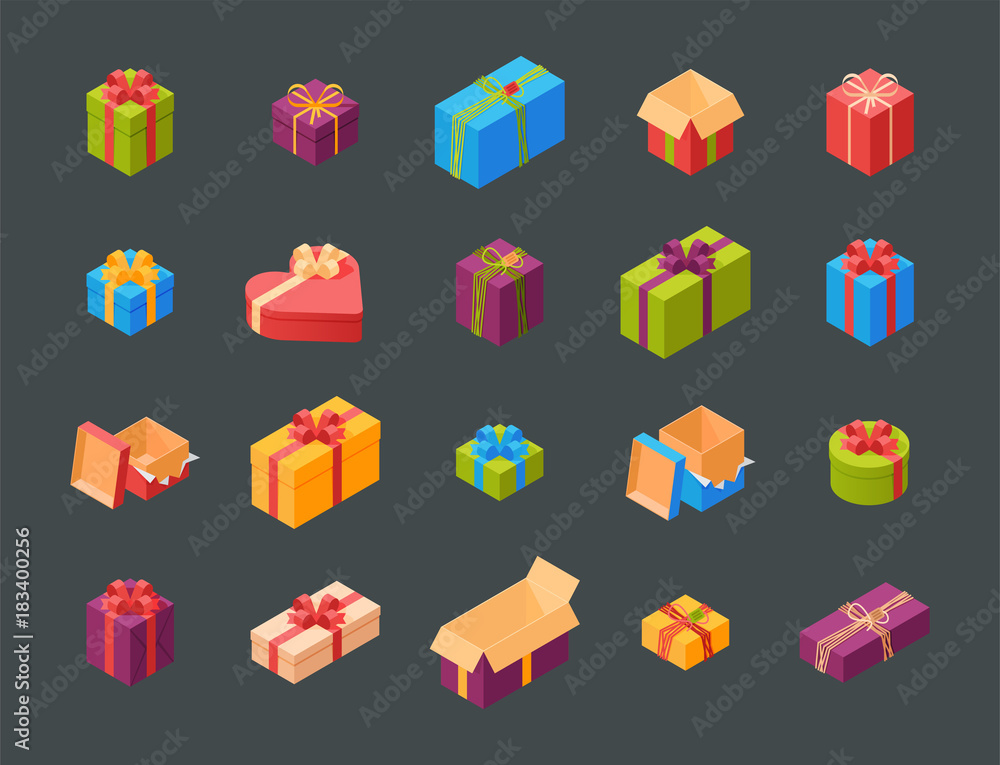 Gift boxes pack composition event greeting isometric birthday isolated ...