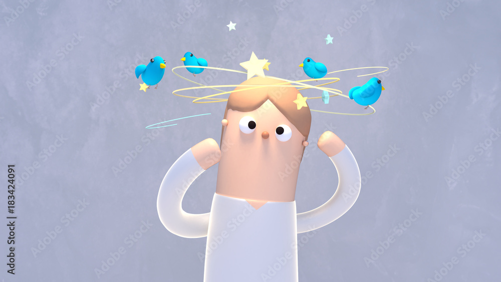 Cartoon dizzy stars and birds flying around the head. 3d rendering ...