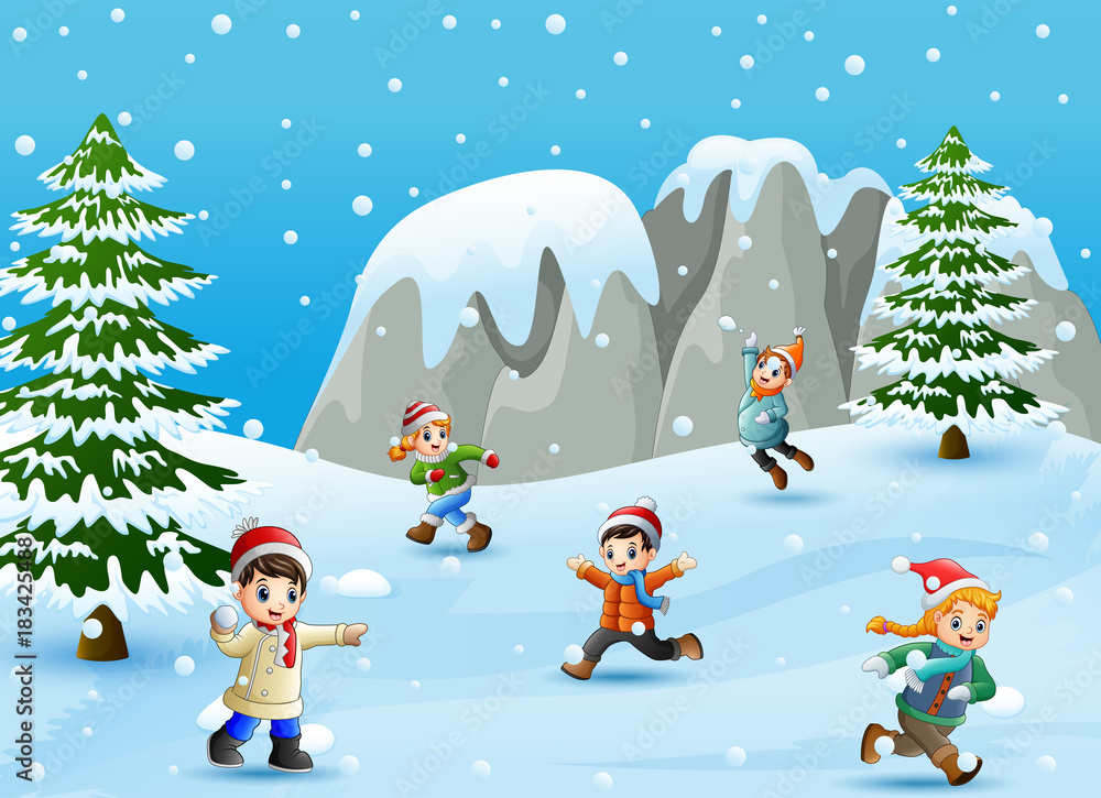 Cartoon kids playing in the snow Stock Vector | Adobe Stock