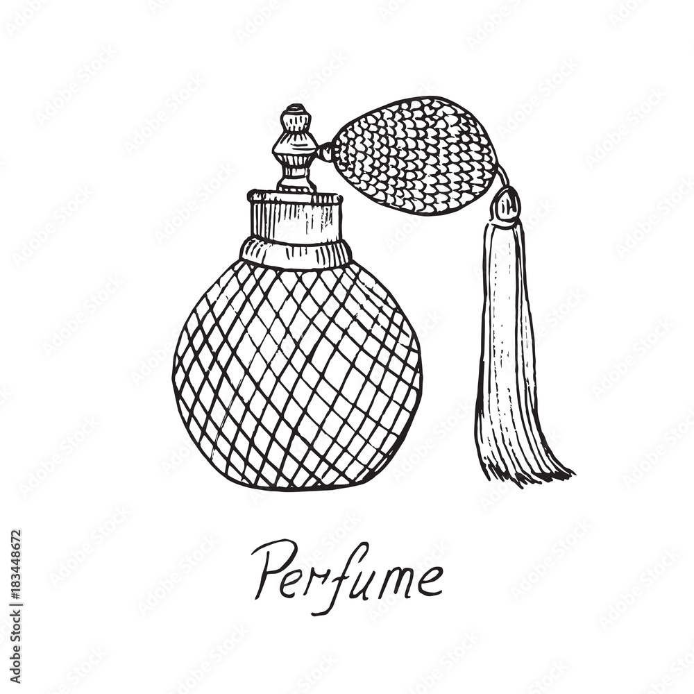 Perfume vintage bottle with inscription, hand drawn doodle sketch ...