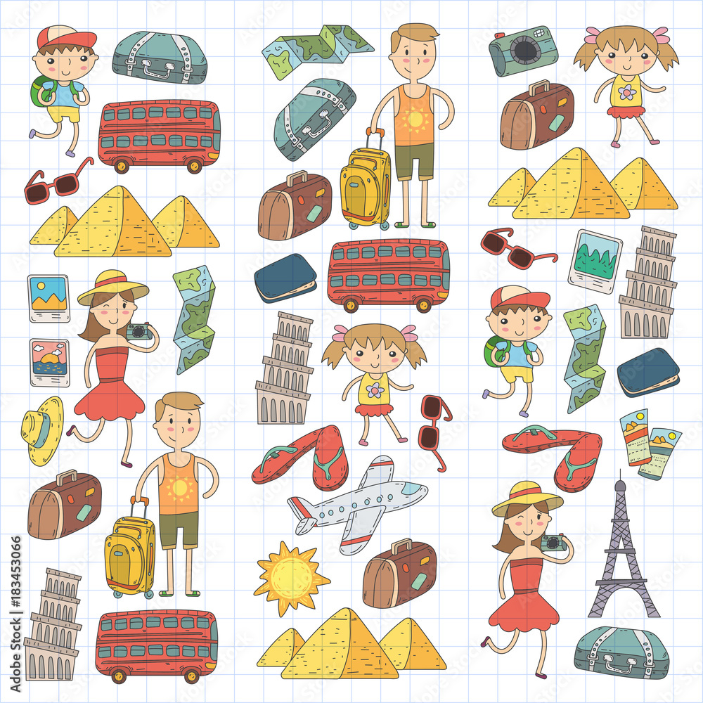 Doodle vector set Travel , vacation, adventure. Children with parents ...