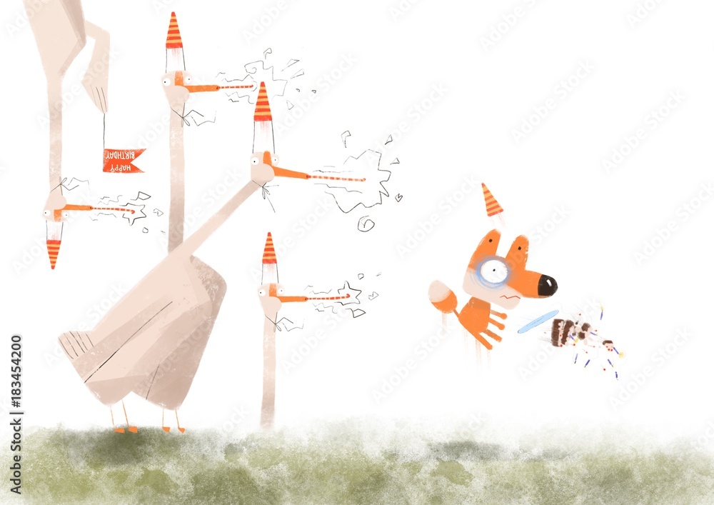 Cartoon illustration of fox and goose. Hand painted illustration for ...