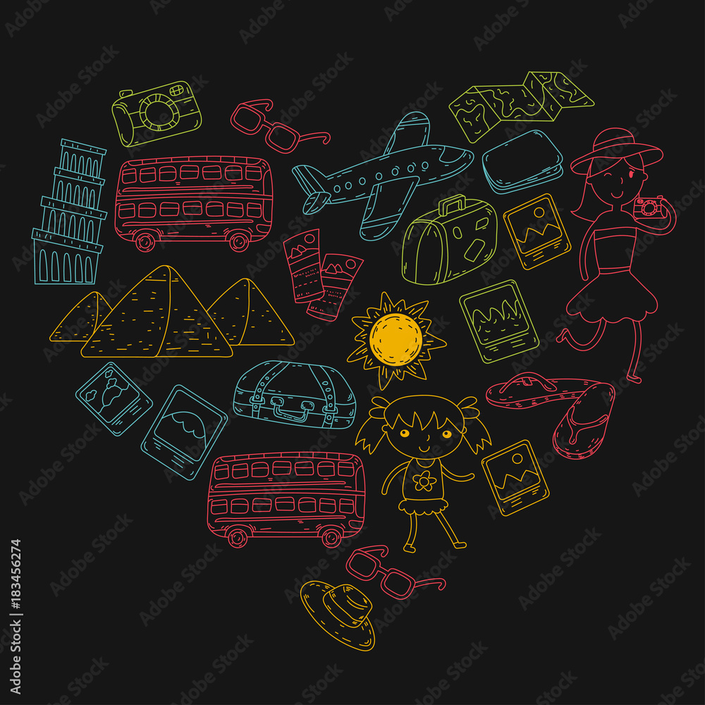 Doodle vector set Travel , vacation, adventure. Children with parents ...