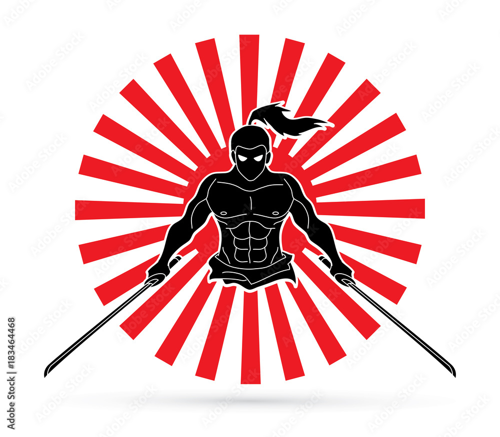 Angry Samurai standing with swords front view on sunshine background ...