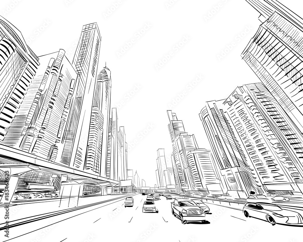 Dubai. United Arab Emirates. Hand drawn city sketch. Vector ...