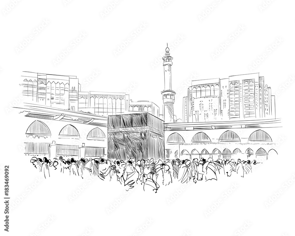 Poster Mecca. Saudi Arabia. Hand drawn sketch. Vector illustration ...