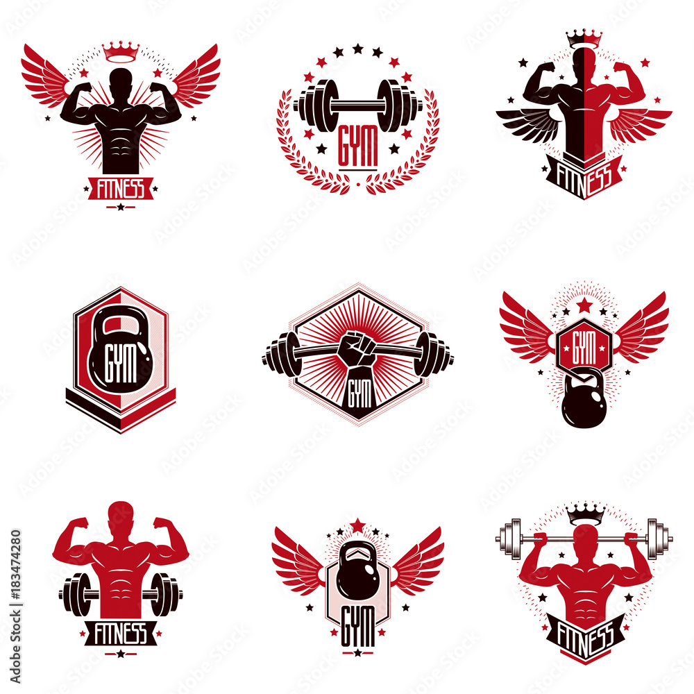 Gym weightlifting and fitness sport club logos, retro stylized vector ...
