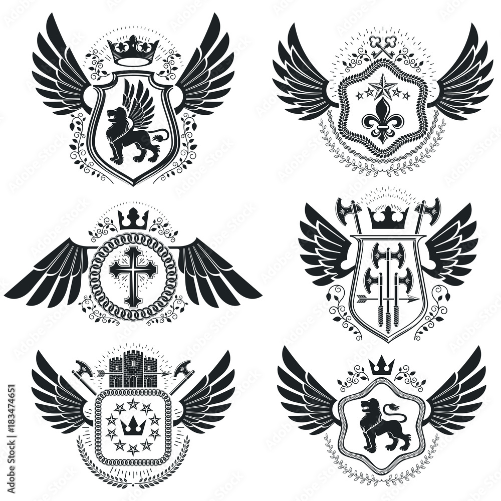 Heraldic signs vector vintage elements. Collection of symbols in ...