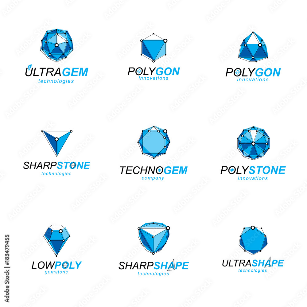 Set of abstract 3d faceted figures with connected lines. Vector low ...