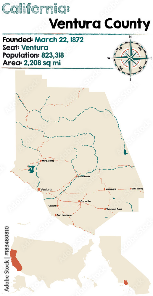 Large and detailed map of Ventura County, California Stock Vector ...