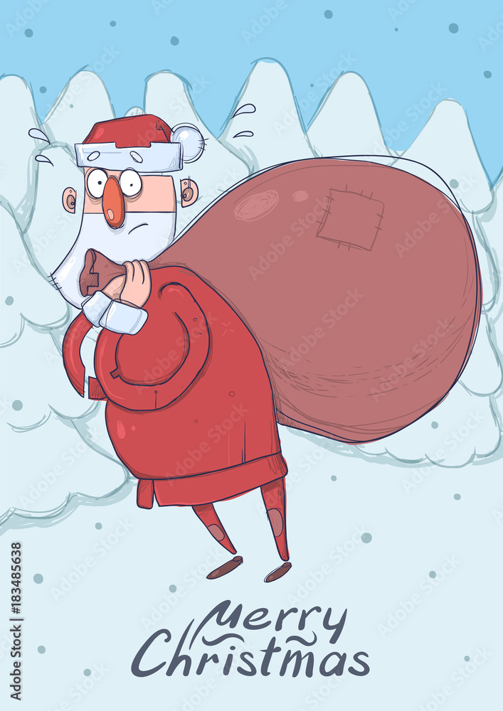 Christmas card of funny confused Santa Claus with big bag of gifts in ...