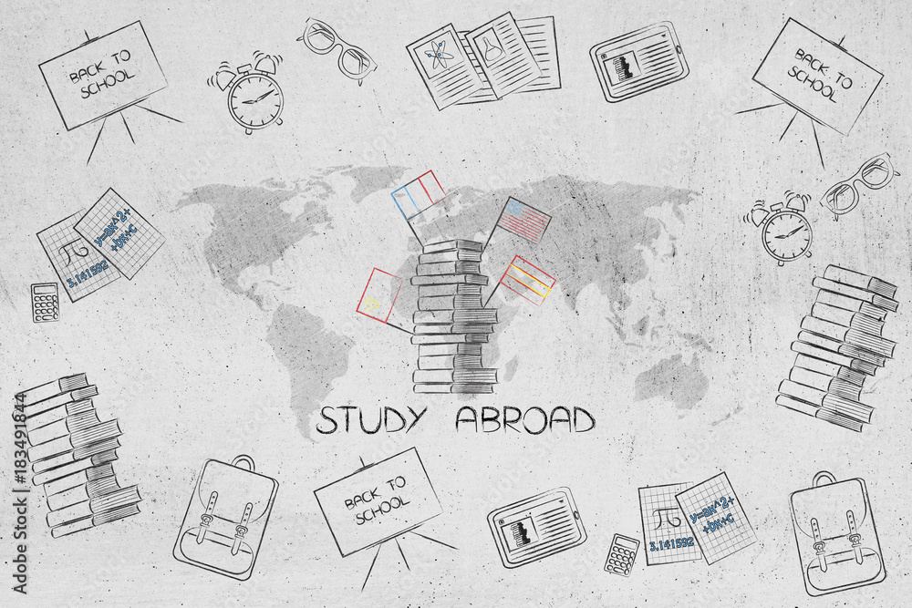 study abroad world map surrounded by mixed school items and pile of ...