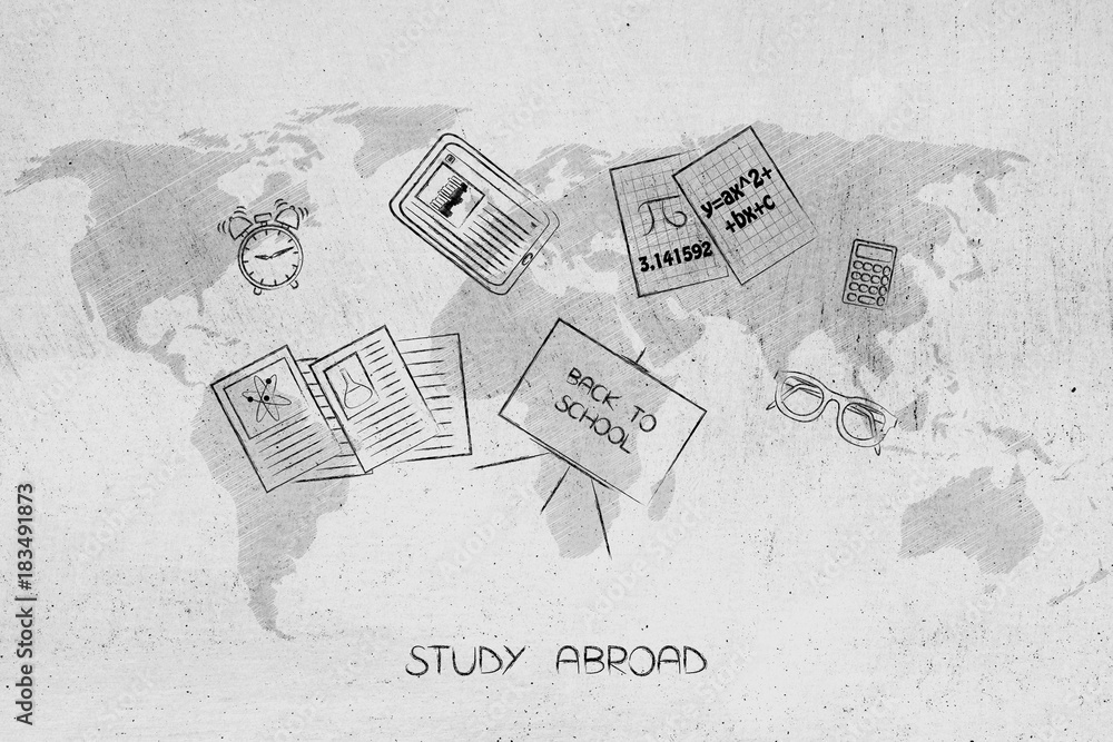 study abroad mixed school items over world map overlay Stock ...